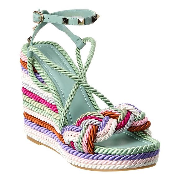 Valentino | Shoes | Valentino Rockstud 15 Rope Leather Wedge Sandal ...